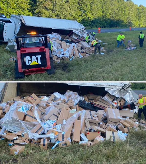Truck tips over, spills Amazon packages on I-43 | WHBY