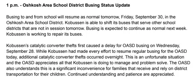 Statement from Oshkosh Area School District on status of busing | WHBY