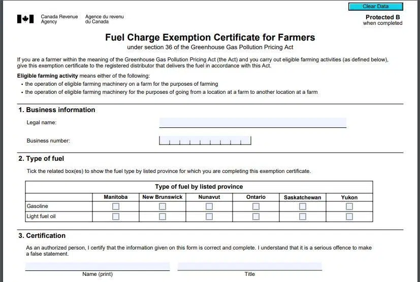 Certificate for Carbon Tax Exemption on Cardlock Fuel | Country 600 CJWW