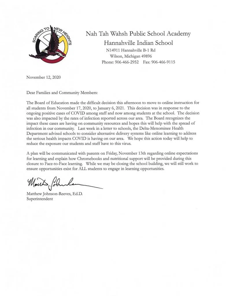 Hannahville Indian School Going On-Line Only Until January ...