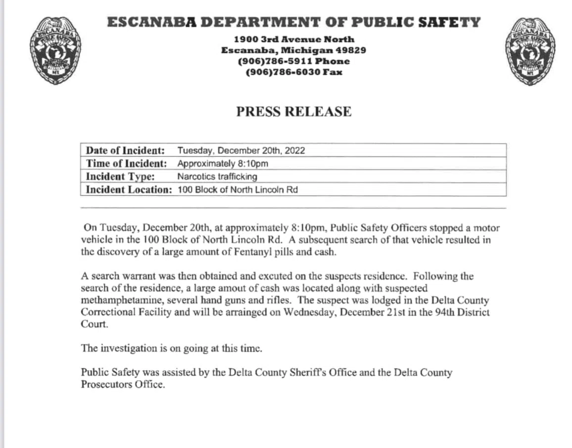 Escanaba Man Arrested On Drugs Charges After Traffic Stop ...