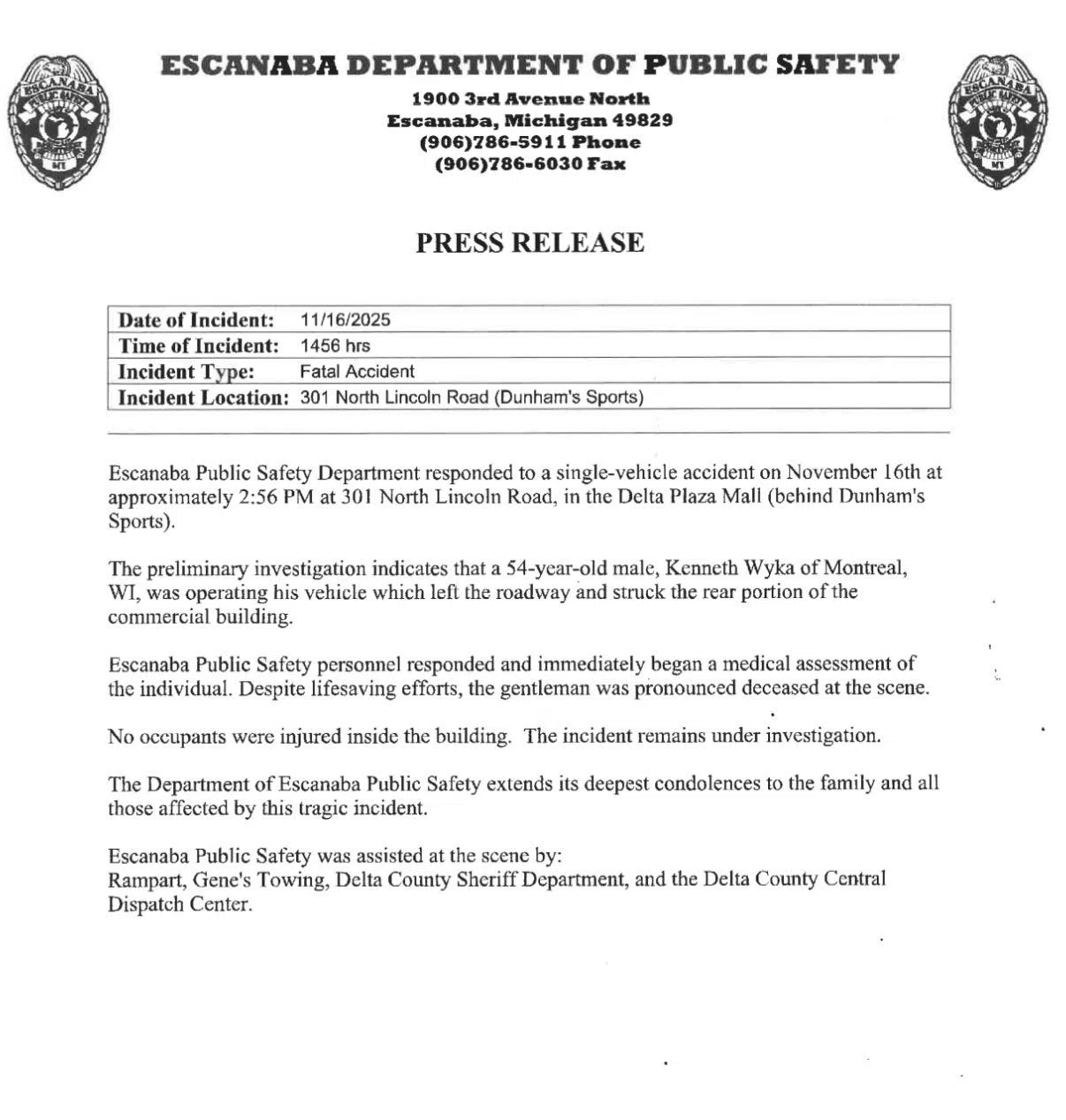 Escanaba Police Release Details Of Weekend Crash At Delta Plaza ...