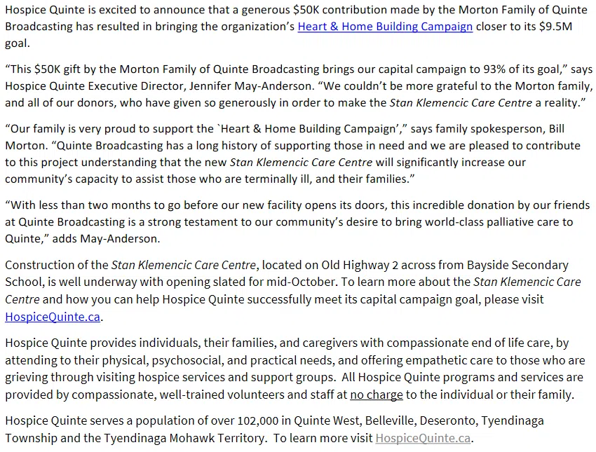 Donation from Quinte Broadcasting, goal within sight | Quinte News