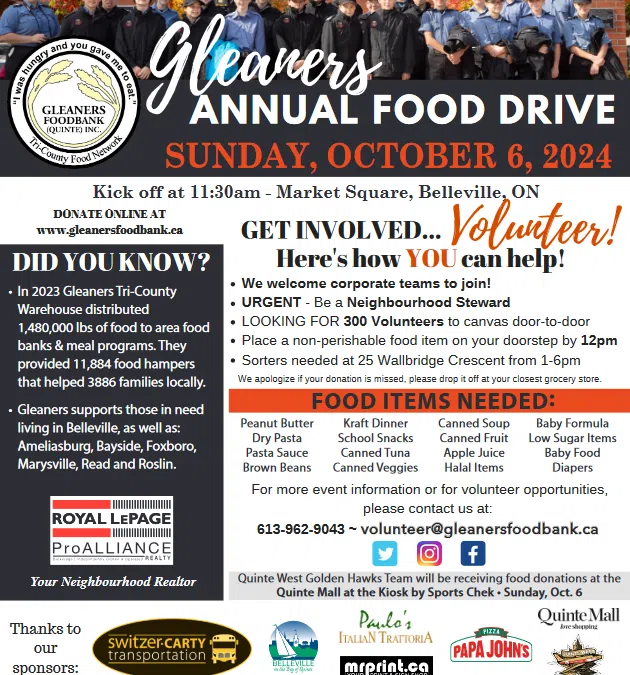 Belleville food drive for Gleaners Sunday | Quinte News