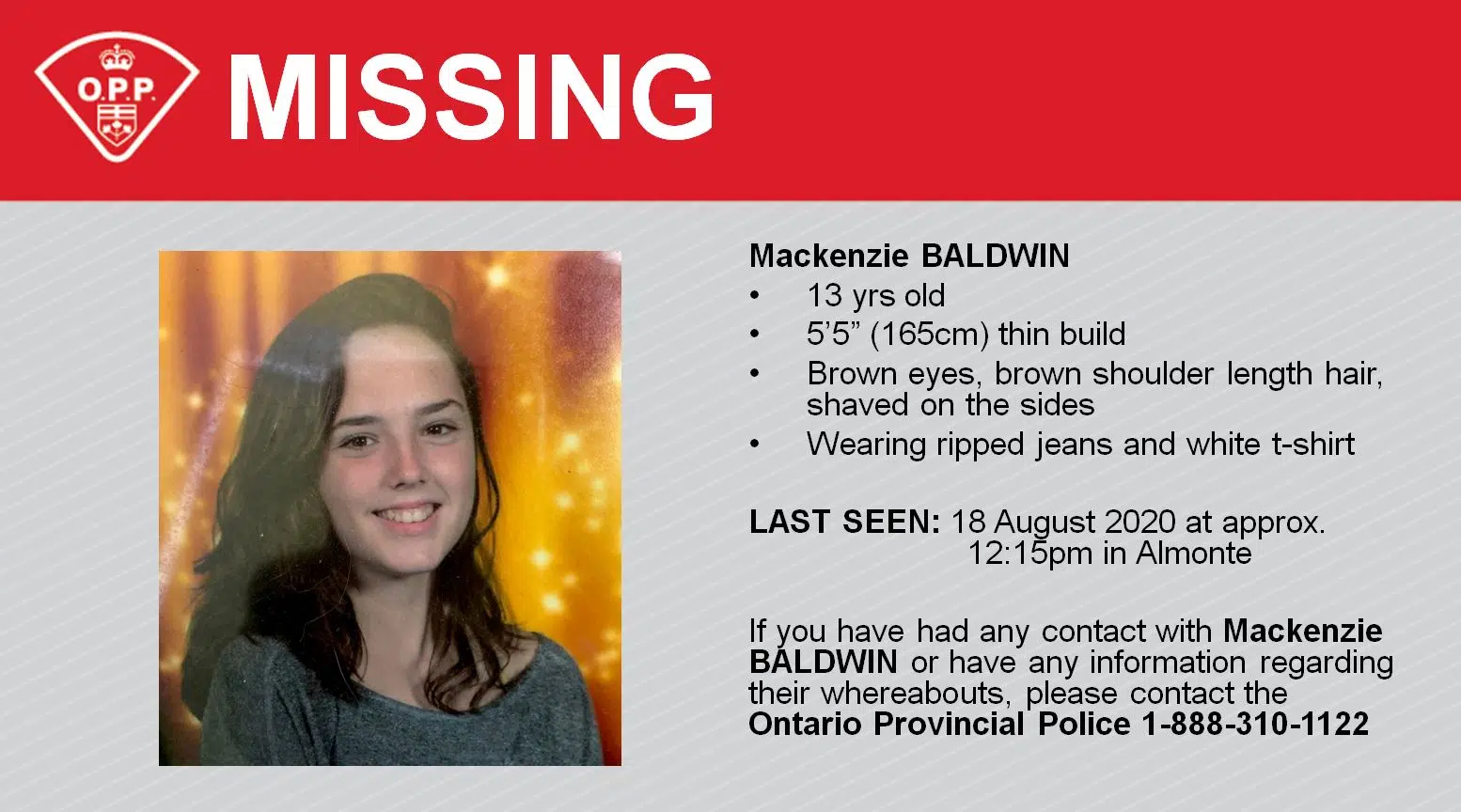 Missing 13-year-old last seen in Almonte | Oldies 107.7