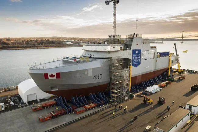 Main sections of first Arctic patrol ship assembled at Halifax Shipyard ...