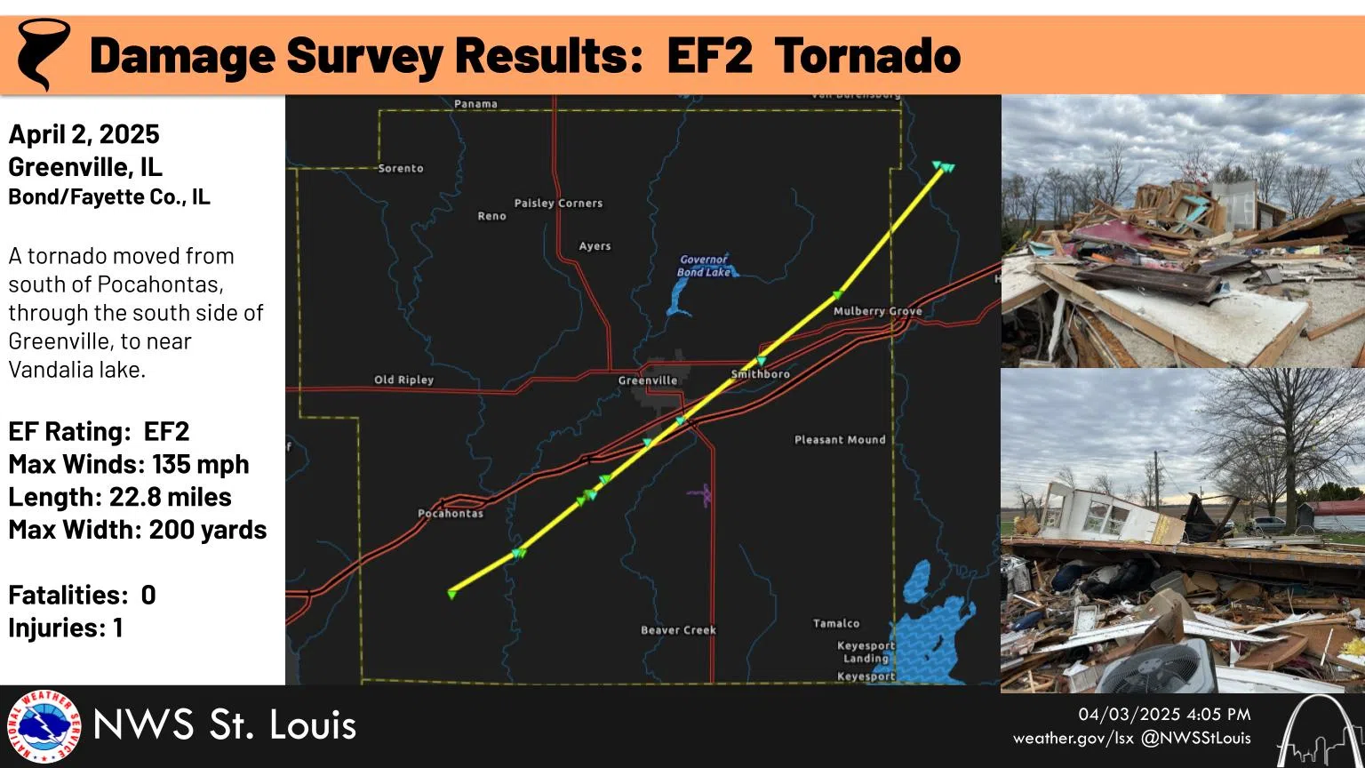 NWS confirms EF-2 Tornado in Bond & Fayette Counties—Second Tornado in Fayette Co in less than 3 ...