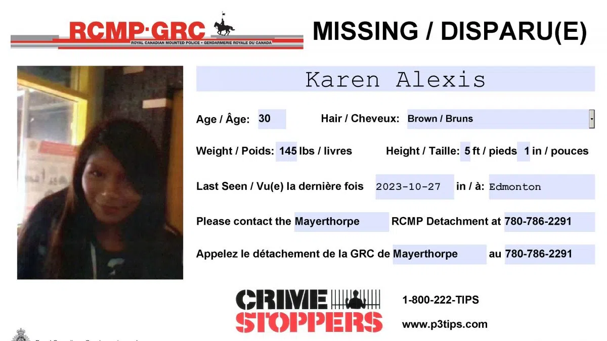 MISSING PERSON: Karen Alexis, 30, of Mayerthorpe | XM 105
