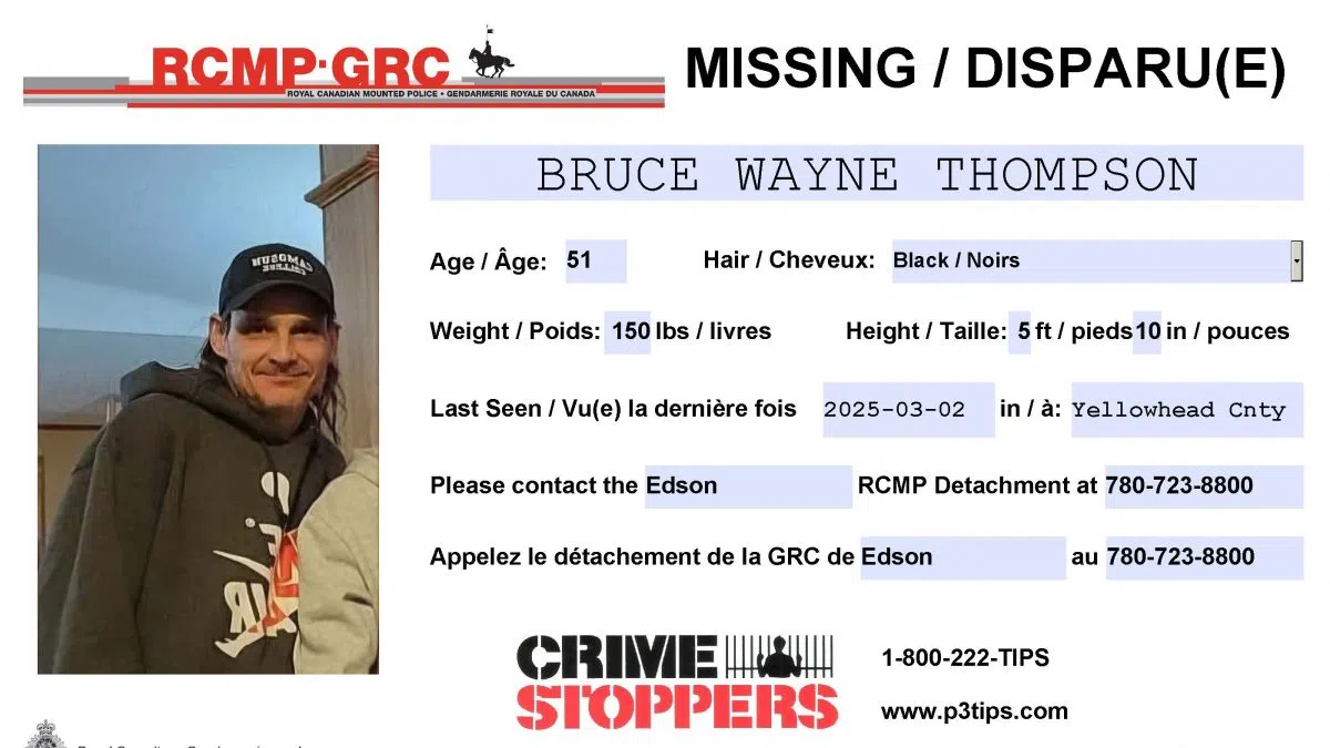 Missing: Bruce Wayne Thompson, 51, of Yellowhead County | XM 105