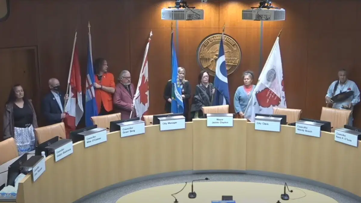 Flags representing Treaty 8 First Nations and the Metis Nation ...