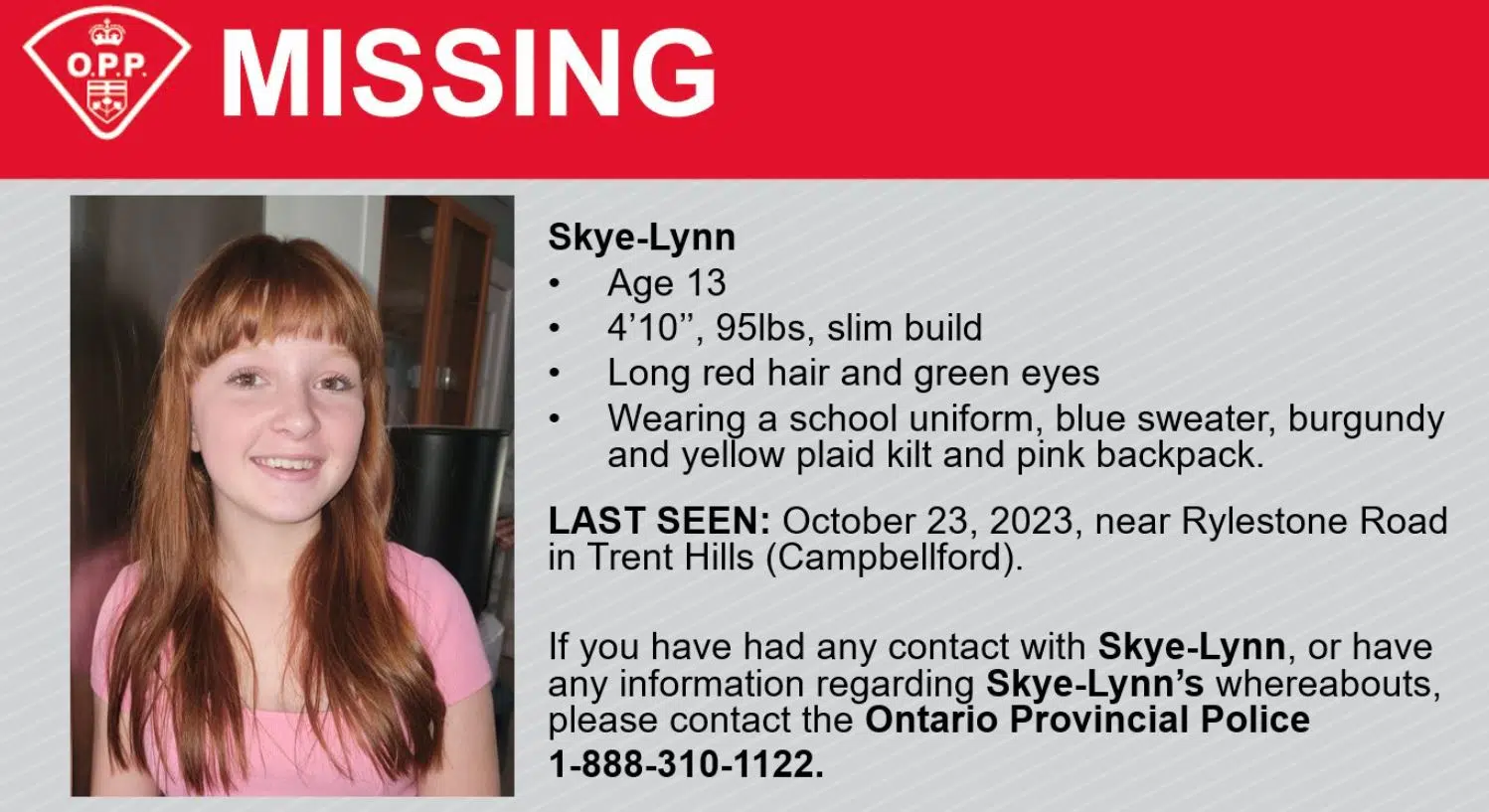 Missing Girl From Campbellford: Police Need Assistance | Classic Rock 107.9