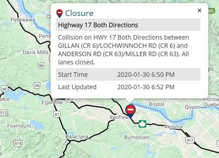 Collision forces closure of Highway 17 near Renfrew | 104.9 Pembroke Today